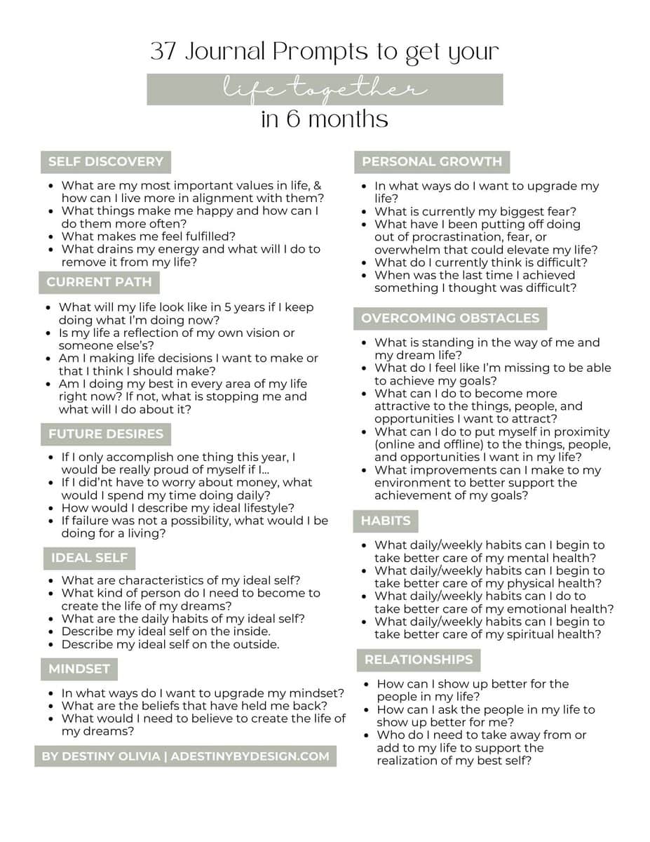Free Journal Prompts List - A Destiny By Design | by Destiny Olivia
